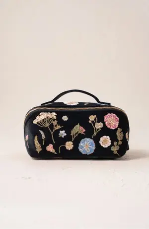 ELIZABETH SCARLETT Pressed Flowers Velvet Makeup Bag - Charcoal