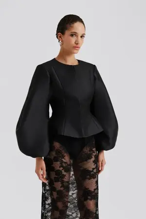 MALINA Vendela Balloon Sleeve Peplum Blouse - Black