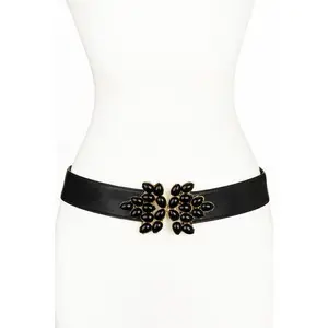 RAINA BELTS Stones Decorated Flower Buckle Leather Belt - Black