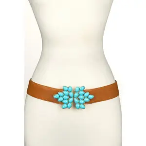 RAINA BELTS Stones Decorated Flower Buckle Leather Belt - Camel