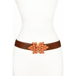 RAINA BELTS Stones Decorated Flower Buckle Leather Belt - Cognac