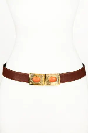 RAINA BELTS Large Stones Buckle Leather Belt - Cognac
