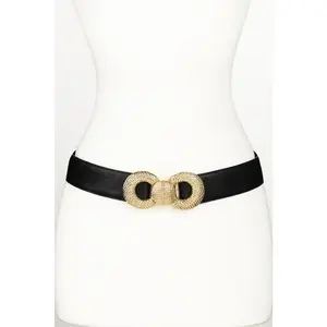 RAINA BELTS Bow Textured Buckle Leather Belt - Black