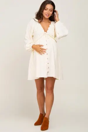 PINKBLUSH Crochet Lace Button Front Maternity Dress - Beige