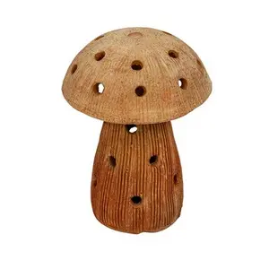 STORIED HOME Handmade Vintage Reproduction Terra-cotta Mushroom Shaped Candle Holder With Cut-outs - Orange