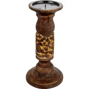 STORIED HOME Carved Wood Candle Holder - Brown