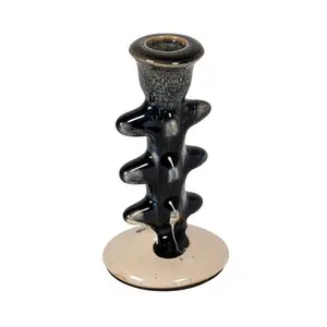 STORIED HOME Terra-cotta Formed Taper Holder With Reactive Glaze - Black