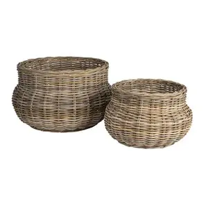 STORIED HOME Round Hand-woven Rattan Round Planters - Grey