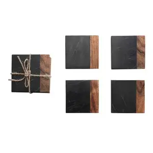 STORIED HOME Marble And Acacia Wood 2-tone Coasters, And Natural - Black