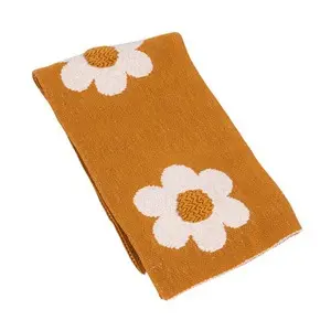 STORIED HOME Cotton Knit Baby Blanket With Flower Prints - Yellow
