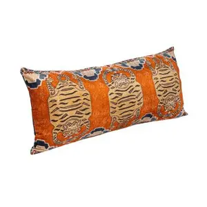 STORIED HOME Cotton Velvet Tigers Pattern Lumbar Pillow - Grey