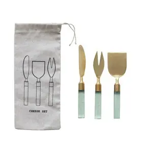 STORIED HOME 7 Inches Stainless Steel Cheese Utensils With Resin Handles And Printed Drawstring Bag - Green