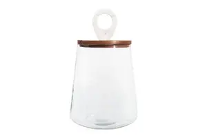 STORIED HOME Large Glass Jar With Mango Wood & Marble Lid - Clear