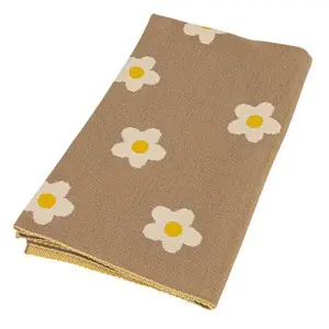 STORIED HOME Cotton Knit Baby Blanket With Printed Flowers - Natural