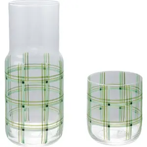 STORIED HOME Glass Carafe With Drinking Glass And Grid Pattern - Green