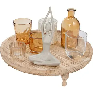 STORIED HOME Glass Votive Holders With Yoga Figure On A Round Wood Tray, Multicolor - Yellow