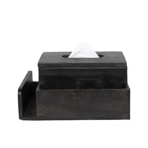 STORIED HOME Mango Wood Tissue Box Holder With 4 Compartments - Black