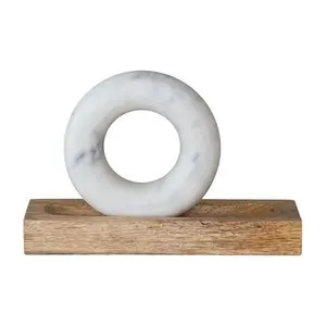 STORIED HOME Mango Wood Mortar With Marble Ring Shaped Pestle - Natural