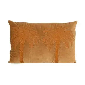 STORIED HOME Cotton Velvet Embroidered Pillow With Palm Trees And Chambray Back - Orange