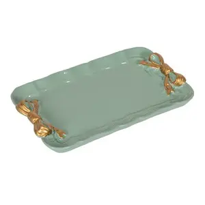 STORIED HOME Decorative Metal Tray With Gold Finish Bows - Green