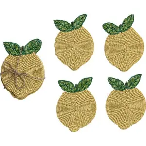STORIED HOME 4-piece Handmade Beaded Lemon Coasters With Jute Tie - Yellow