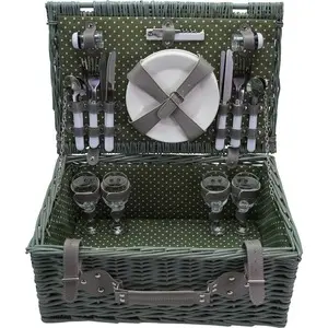 STORIED HOME Woven Picnic Basket With 24 Items For 4 People - Green