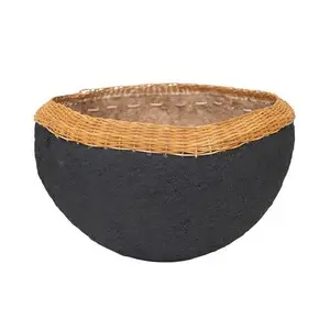 STORIED HOME Decorative Handmade Paper Mache Bowl With Wicker Rim - Black