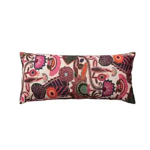 STORIED HOME Cotton Slub Embroide Lumbar Pillow With Florals And Chambray Back - Red