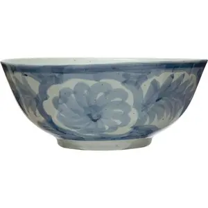STORIED HOME Hand Painted Stoneware Bowl With Floral Design - Blue