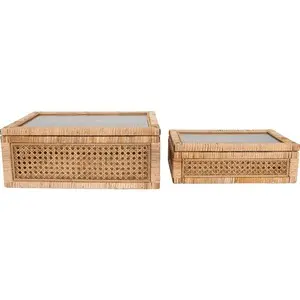 STORIED HOME Woven Rattan And Wood Display Boxes With Glass Lids, And Clear - Natural