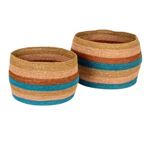 STORIED HOME Vibrant Striped Seagrass Basket Set, Multicolor - Blue