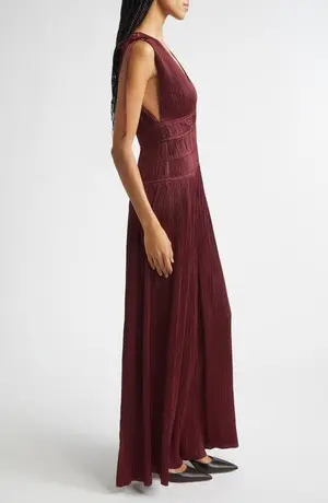 Ulla Johnson Tasneem Plissé Plunge Neck Gown - Claret