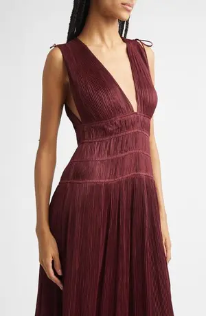 Ulla Johnson Tasneem Plissé Plunge Neck Gown - Claret