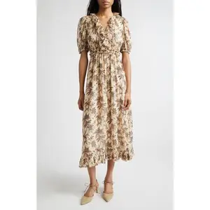 Women's Puff Sleeve Floral Midi Dresses