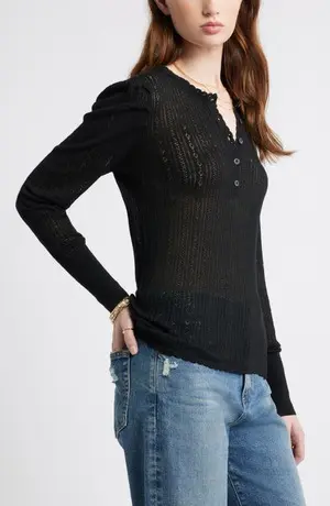 Treasure & Bond Pointelle Henley Sweater - Black