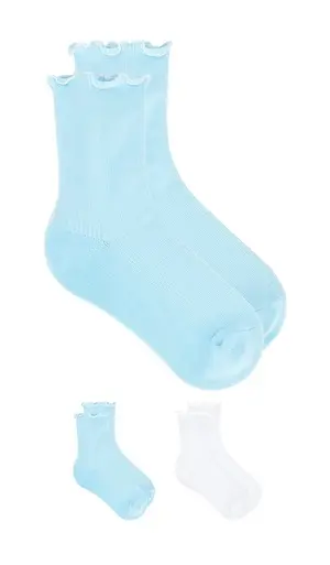WELLBEING + BEINGWELL Ruffle Trim Crew Socks 2 Pack - Ice Blue & Blanc White