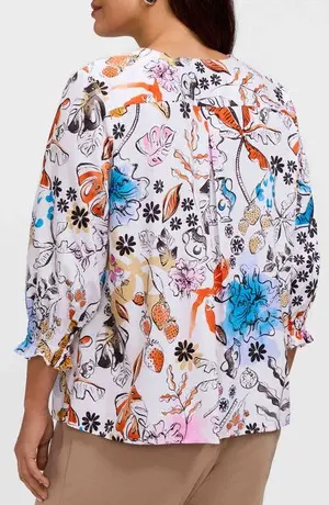 Foxcroft Alicia Floral Cotton Popover Top - Orange Multi