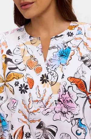 Foxcroft Alicia Floral Cotton Popover Top - Orange Multi