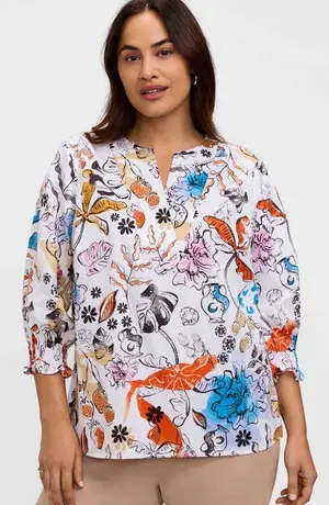 Foxcroft Alicia Floral Cotton Popover Top - Orange Multi