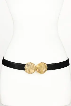 RAINA BELTS Round Gold Medallion Buckle Leather Belt - Black