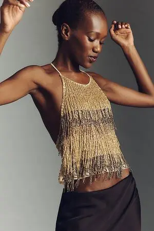 Anthropologie Beaded Halter Cami - Gold