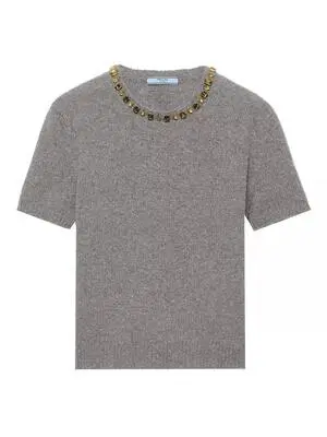 Prada Crystal-embellished Short-sleeved Knit Sweater - Grey