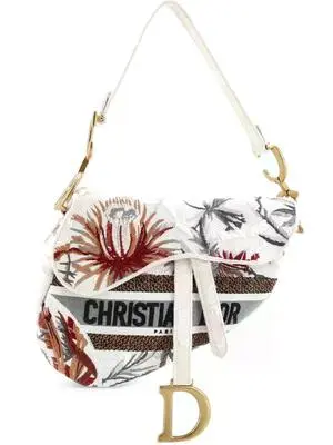 Dior Saddle Bag Logo Embroidered Canvas Medium Shoulder Bag - Grey