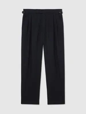 REISS Wool-blend Flannel Wide-leg Trousers - Navy