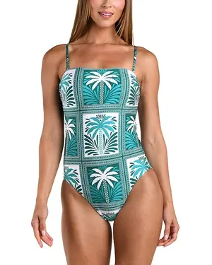 SUNSHINE 79 Patchwork Palms Bandeau One Piece - Turquoise