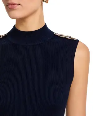 T Tahari Sleeveless Rib Chain Trim Mock Neck Pullover Sweater