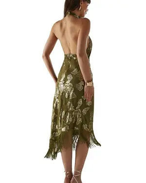 WAREHOUSE Metallic Chiffon Wrap Front Midi Dress