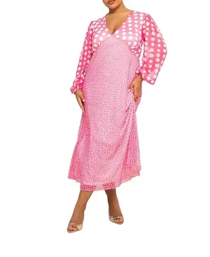 FASHION-SZN CURVE Long Sleeved Polka Dot Midi Dress - Pink