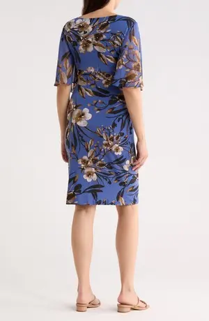 CONNECTED APPAREL Floral Side Ruched Faux Wrap Dress - Cadet