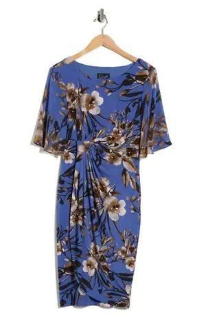 CONNECTED APPAREL Floral Side Ruched Faux Wrap Dress - Cadet